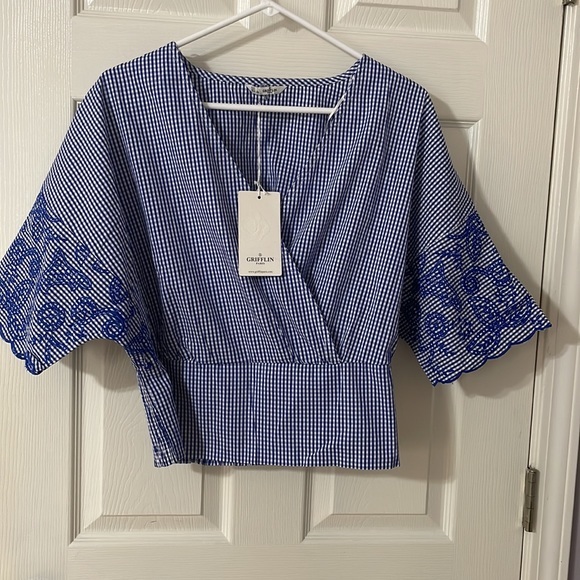Grifflin Paris | Tops | Grifflin Paris Navy Blue Gingham Check Faux ...